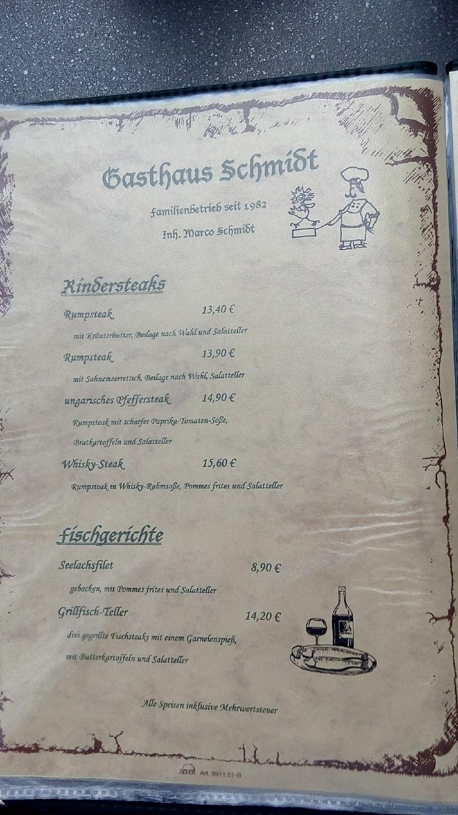 Menu at Gasthaus Schmidt restaurant, Meineweh