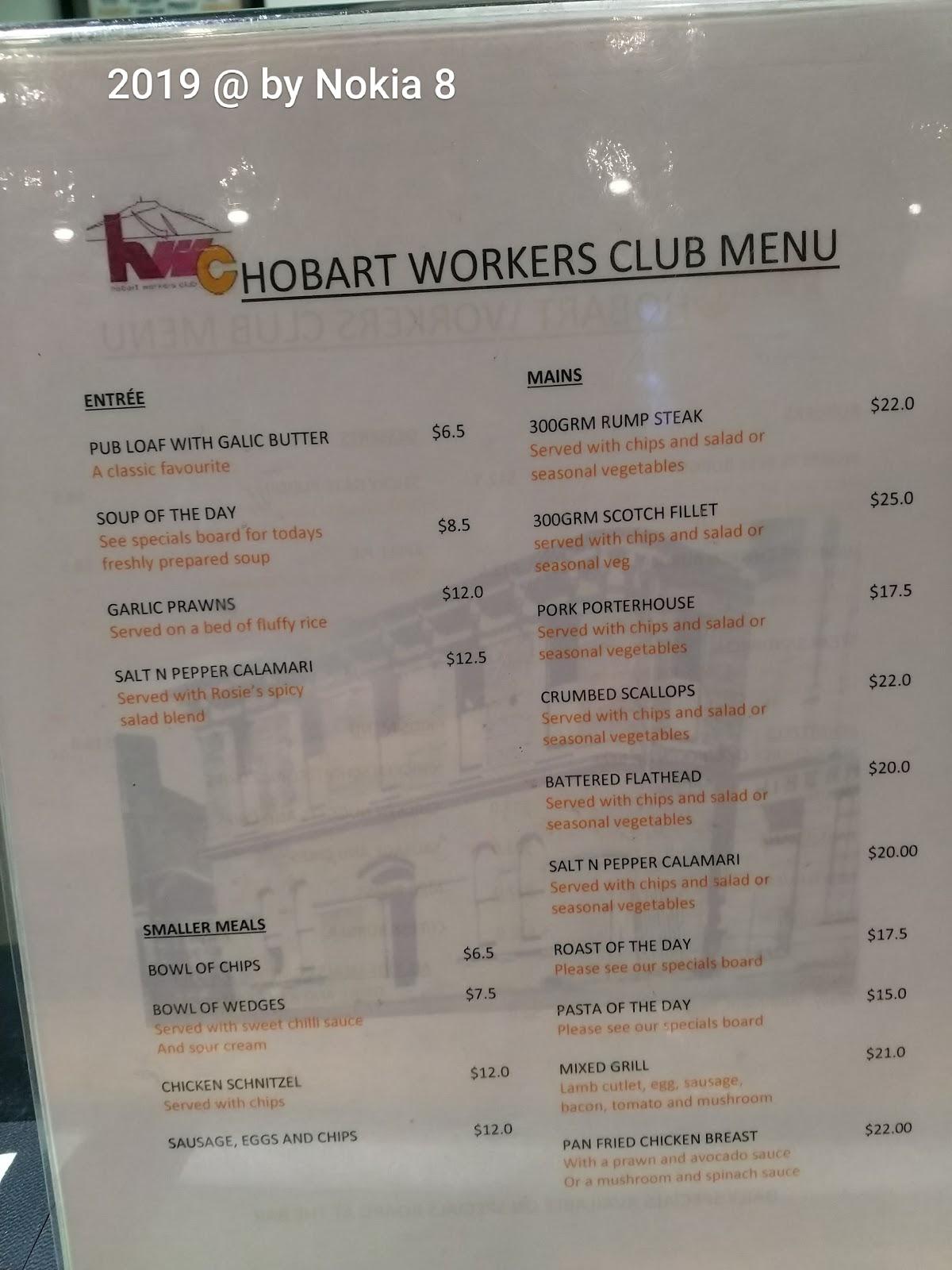 Menu at Hobart Workers Club, Hobart