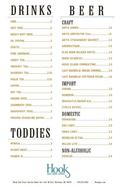 Menu at Hook Gulf Coast Cuisine restaurant, Pass Christian
