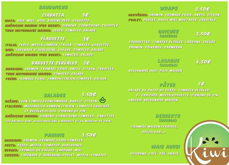 Menu at Kiwi, Tournai