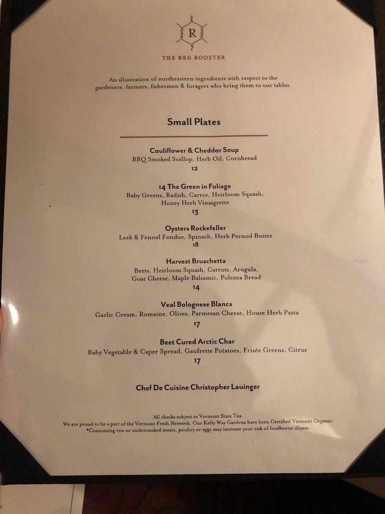 Menu at Red Rooster at the Woodstock Inn & Resort restaurant, Woodstock