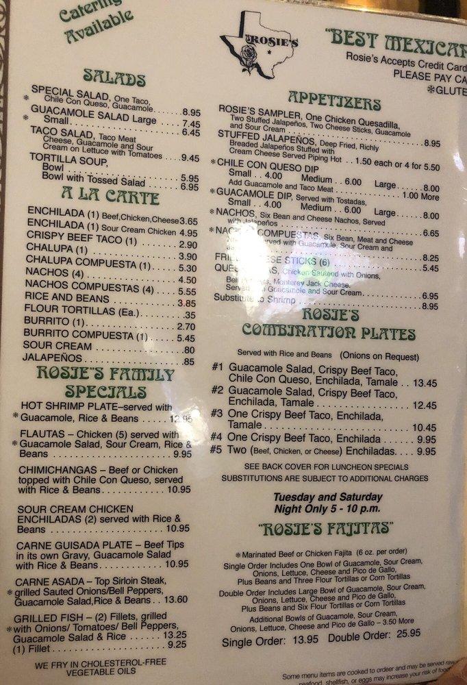 Menu at Rosie's Tamale House restaurant, Bee Cave, State Hwy 71