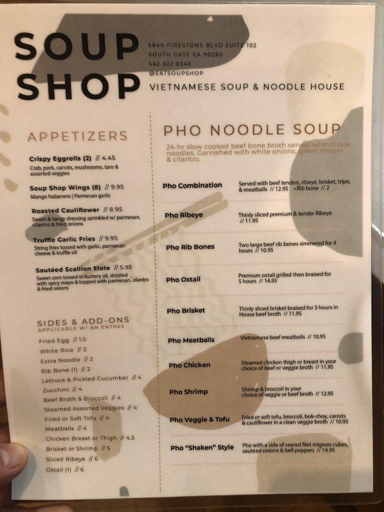 Menu at Soup Shop restaurant, South Gate