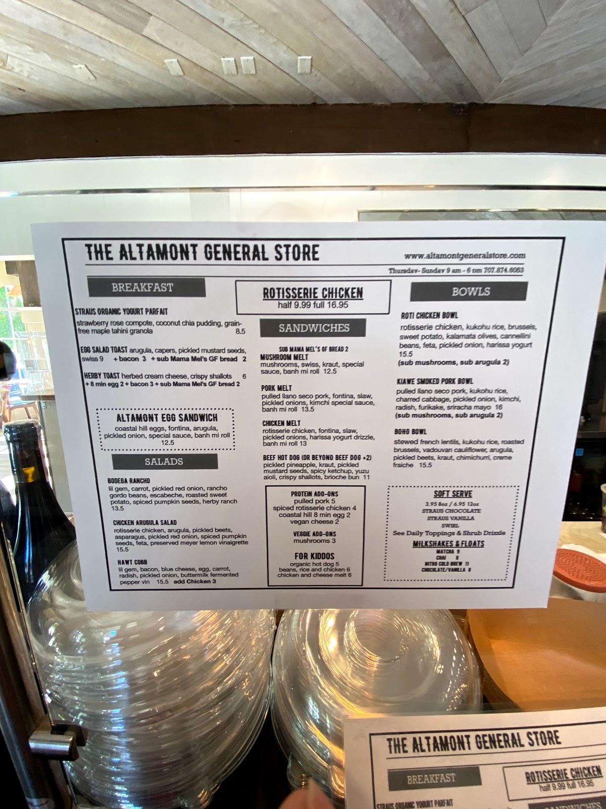 Menu at The Altamont General Store cafe, Occidental