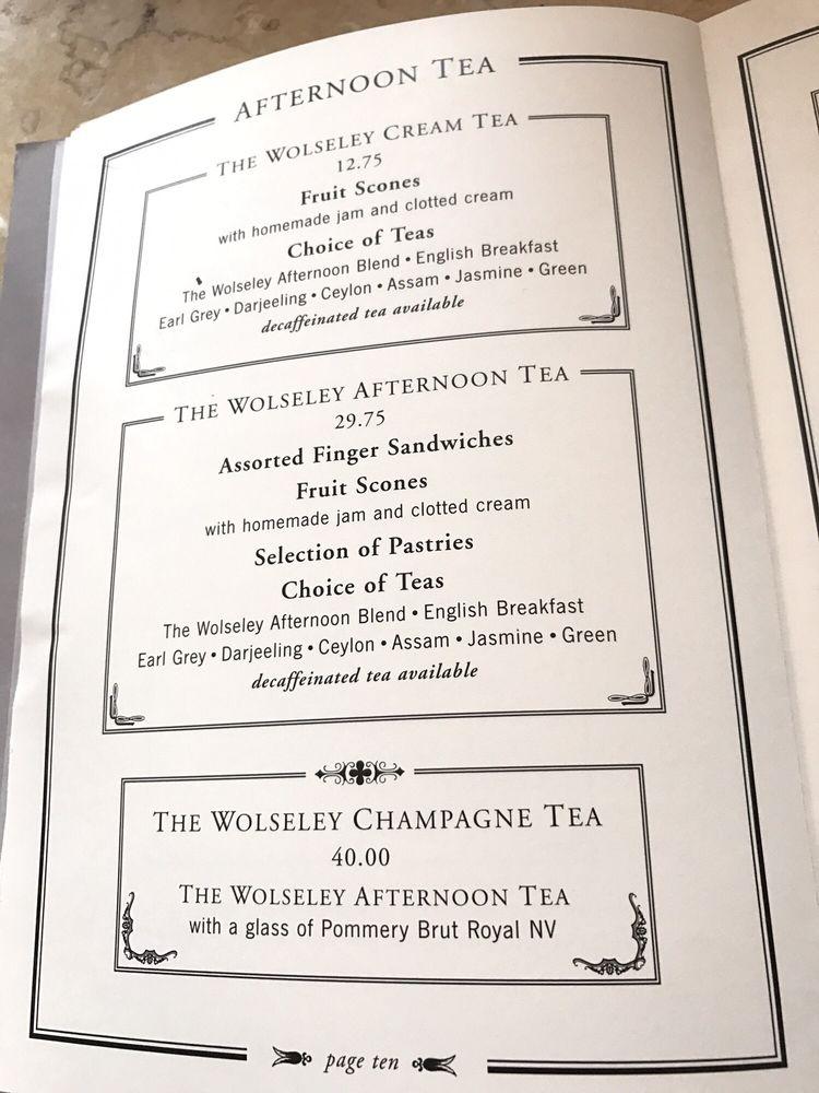 Menu at The Wolseley cafe, London