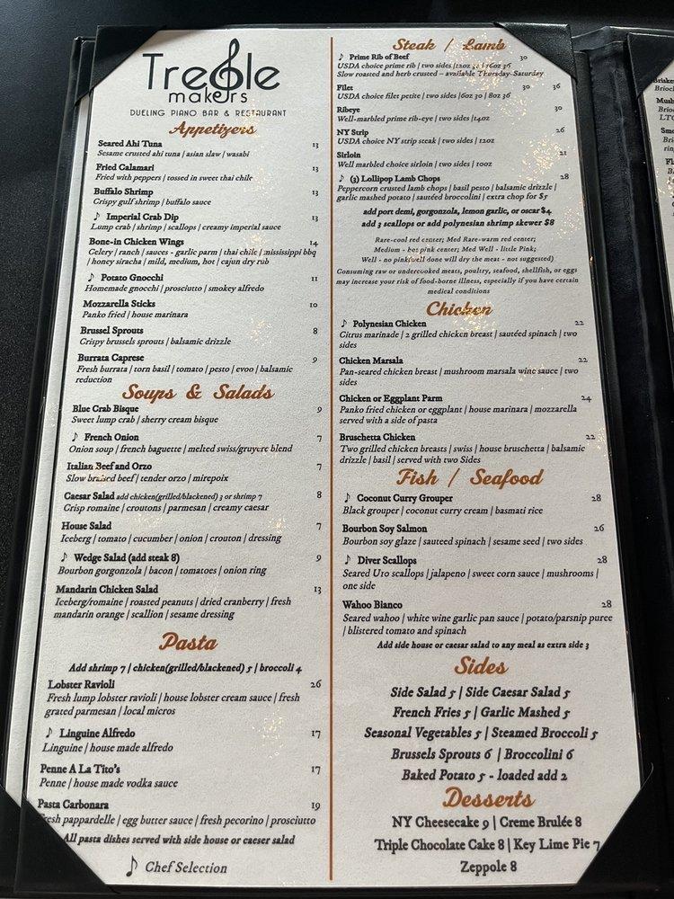 Menu at Treble Makers Dueling Piano Bar & Restaurant, Wesley Chapel South