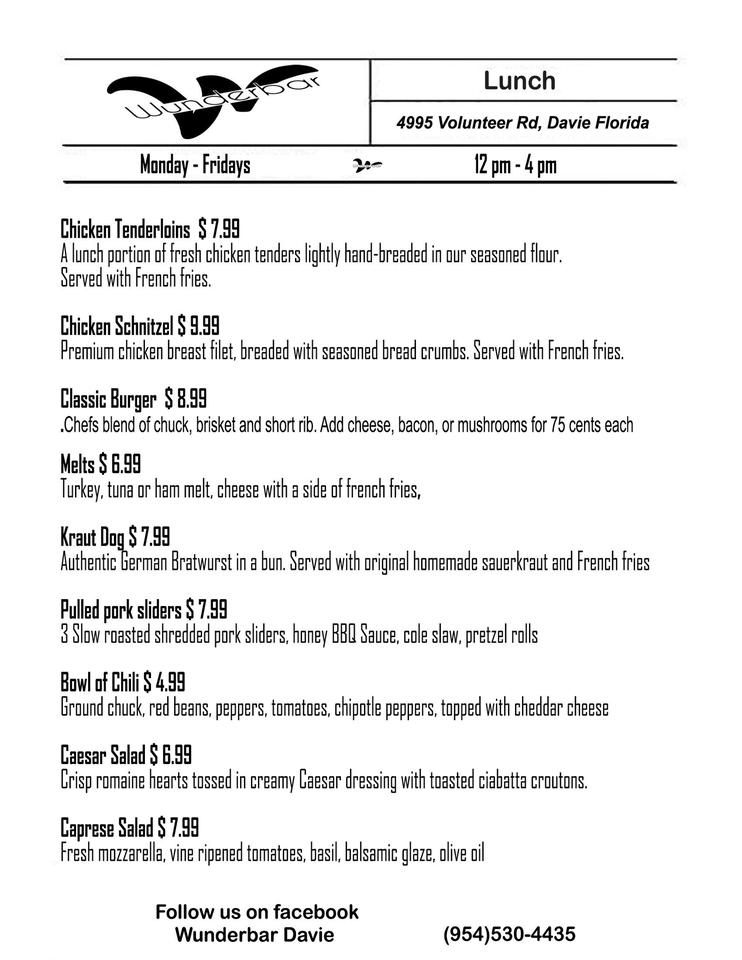 Menu at Wunderbar German Kitchen & Biergarten, Davie, Volunteer Rd