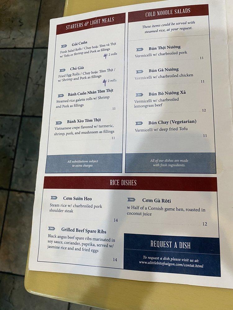 Menu at A Bit of Saigon restaurant, Jacksonville
