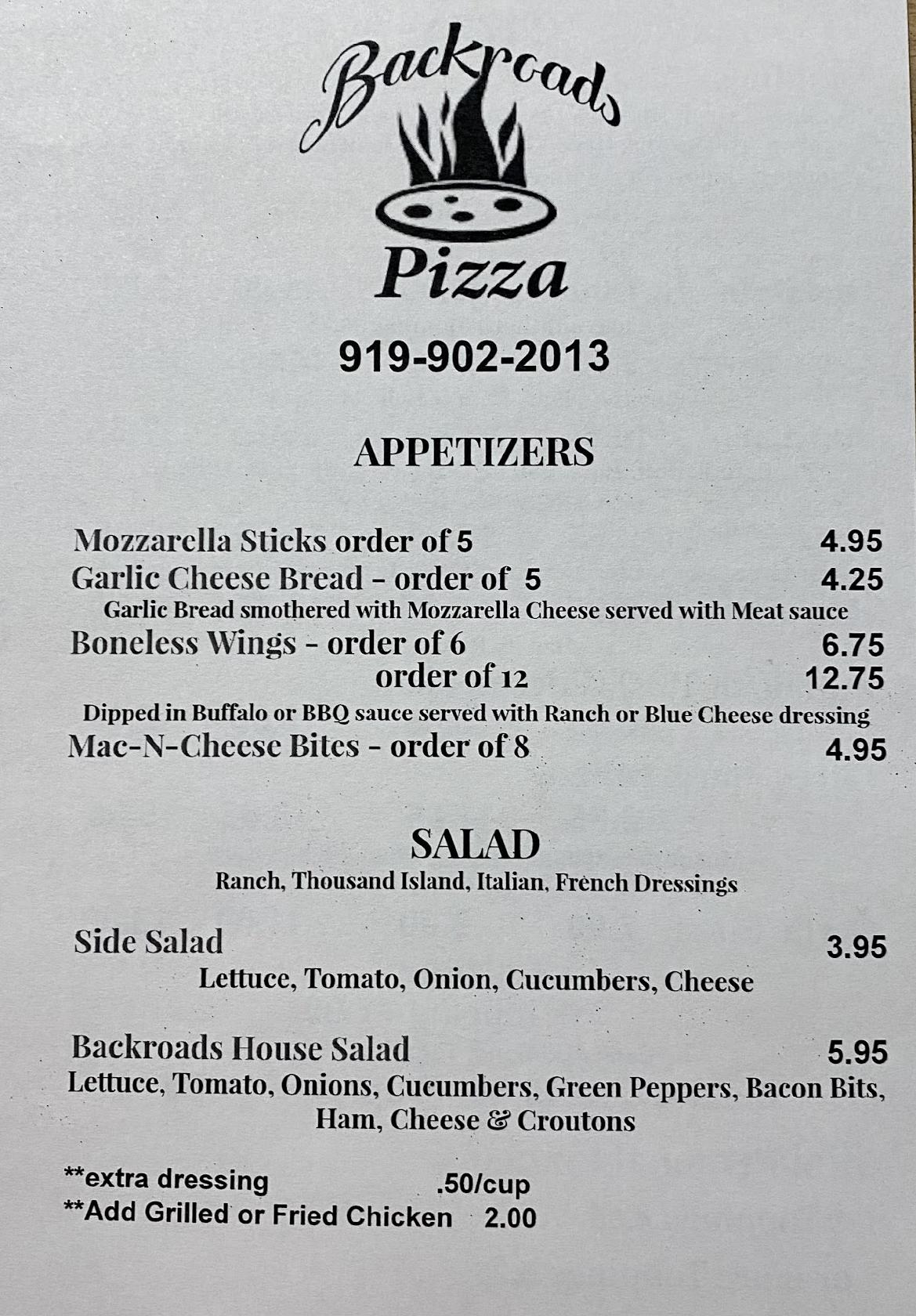 Menu at Backroads Pizza restaurant, USA, State Hwy 96 S
