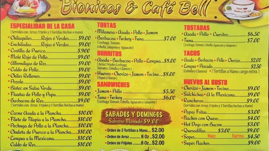 Menu at Bionicos Y Cafe Bell, Bell