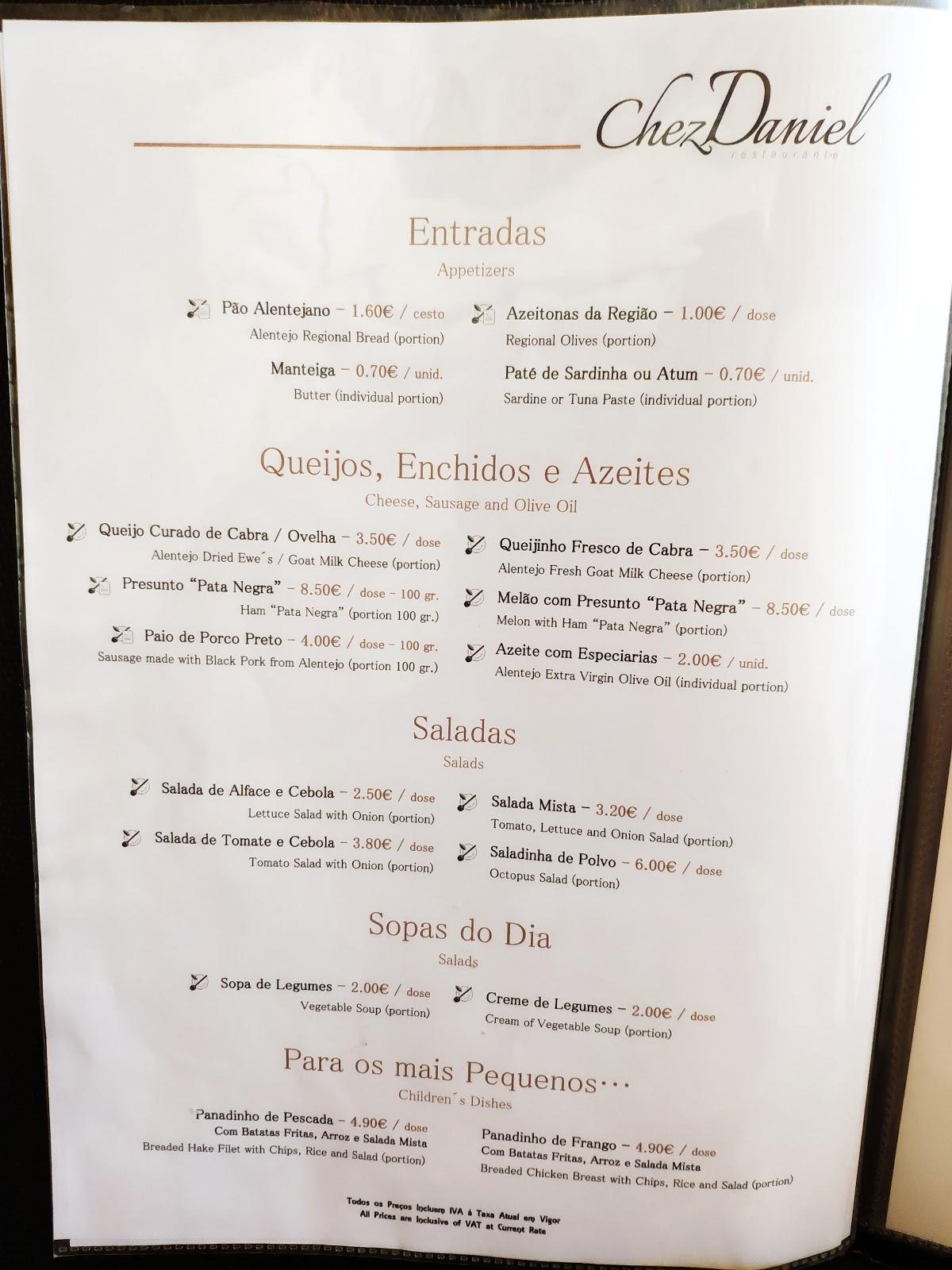 Menu em Chez Daniel restaurante, Santiago do Cacém, Lagoa de Santo ...