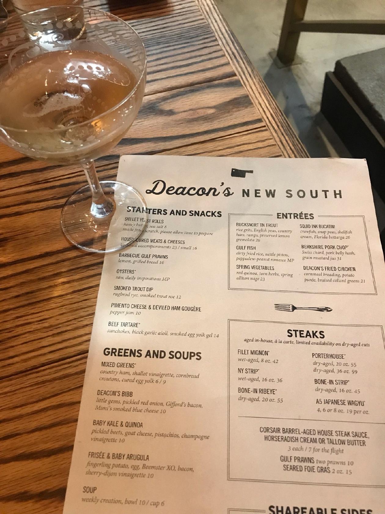 Menu at Deacon's New South steakhouse, Nashville