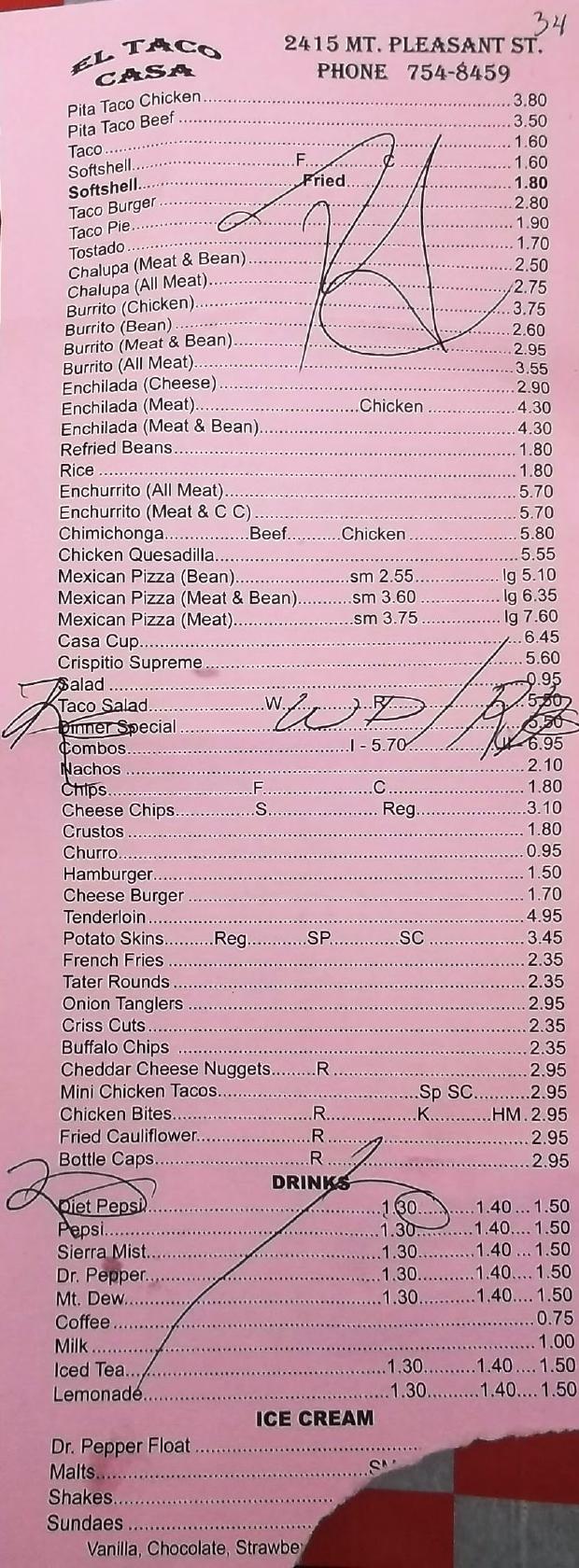 Menu at El Taco Casa restaurant, Burlington, Mt Pleasant St
