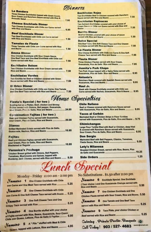 Menu at Fiesta's Tex Mex restaurant, Caddo Mills, State Hwy 66