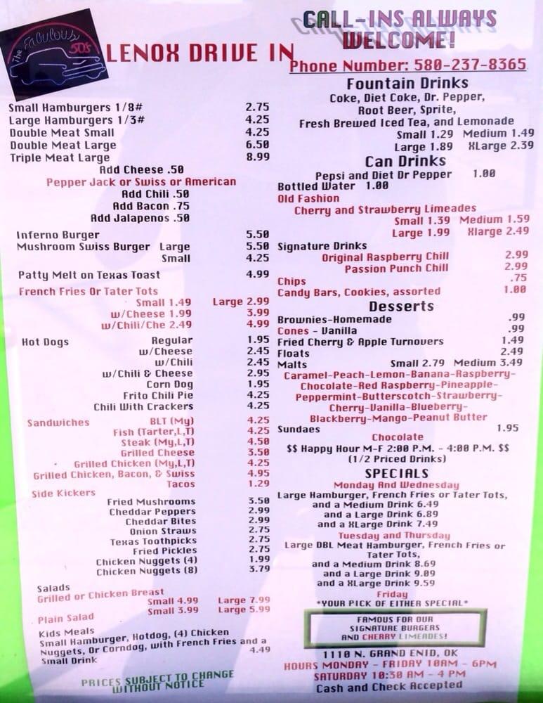Menu at Lenox Drive In restaurant, Enid