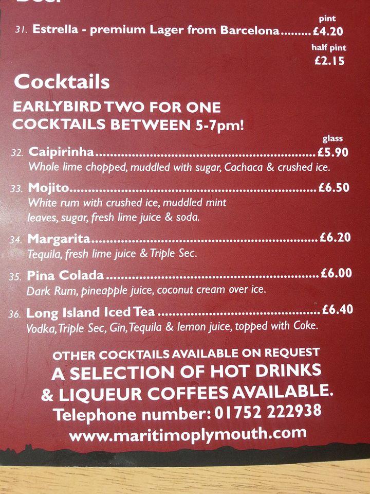 Menu at Maritimo pub & bar, Plymouth