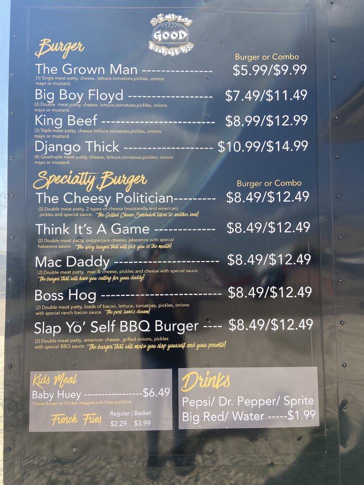 Menu at Simply Good Burgers Food Truck restaurant, Killeen