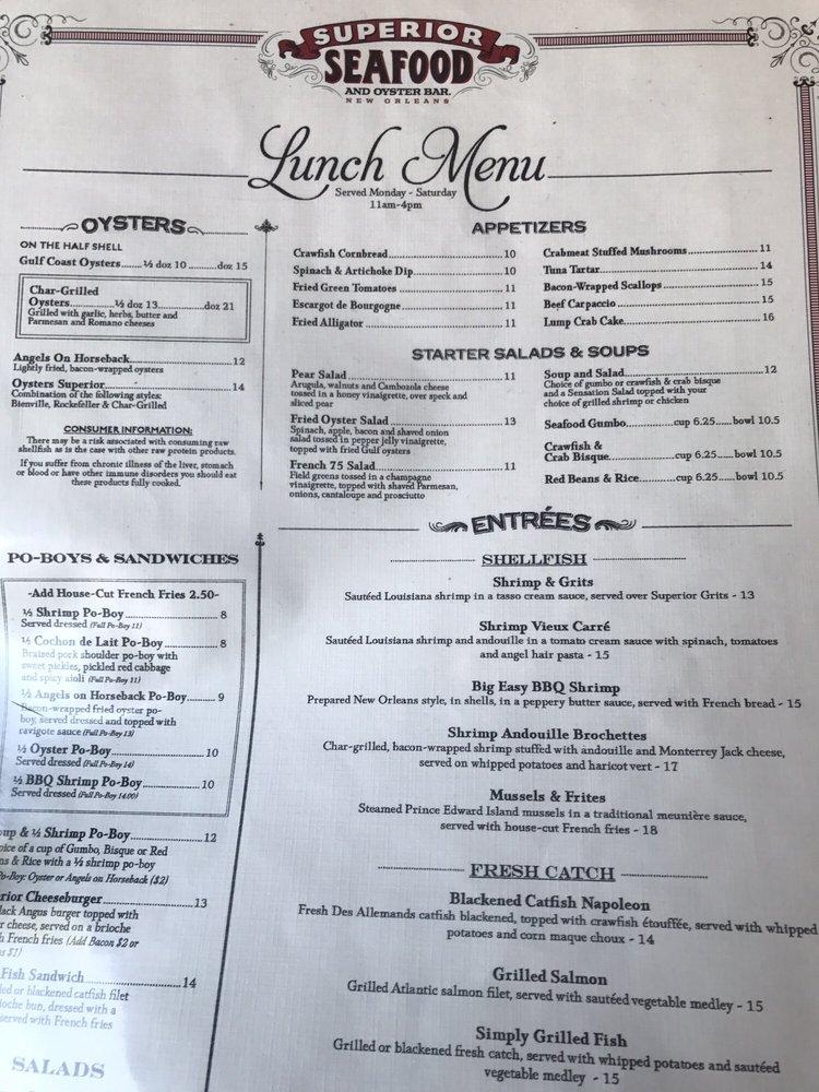 Menu at Superior Seafood & Oyster Bar, New Orleans