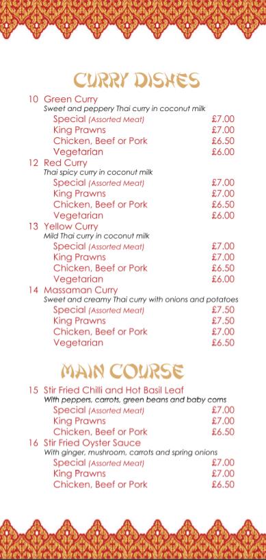 Menu at The Golden Elephant restaurant, Belfast