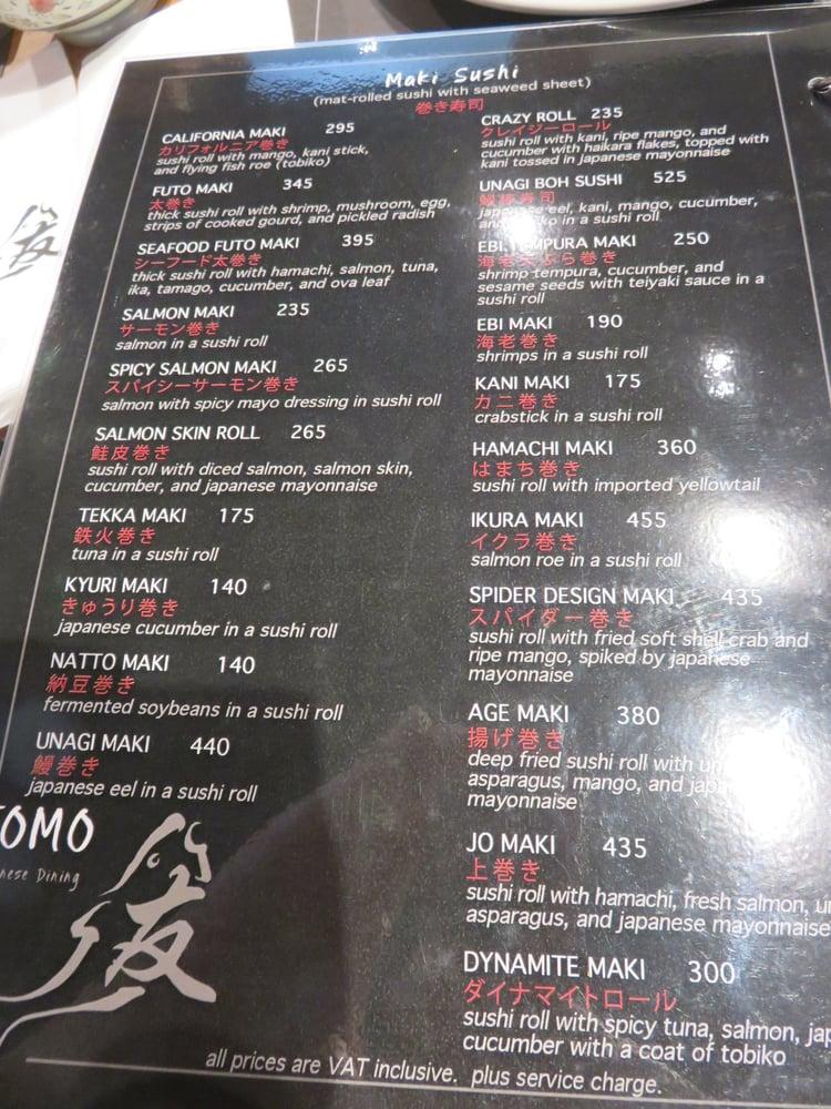 Menu at Tomo Japanese Dining restaurant, San Juan