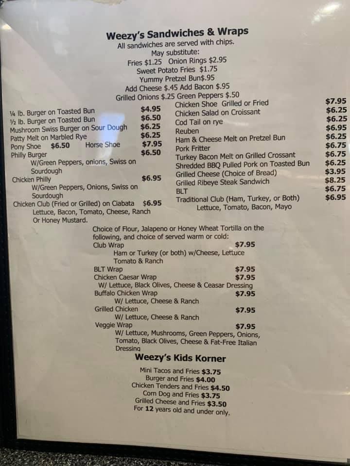 Menu at Weezy's pub & bar, Hamel