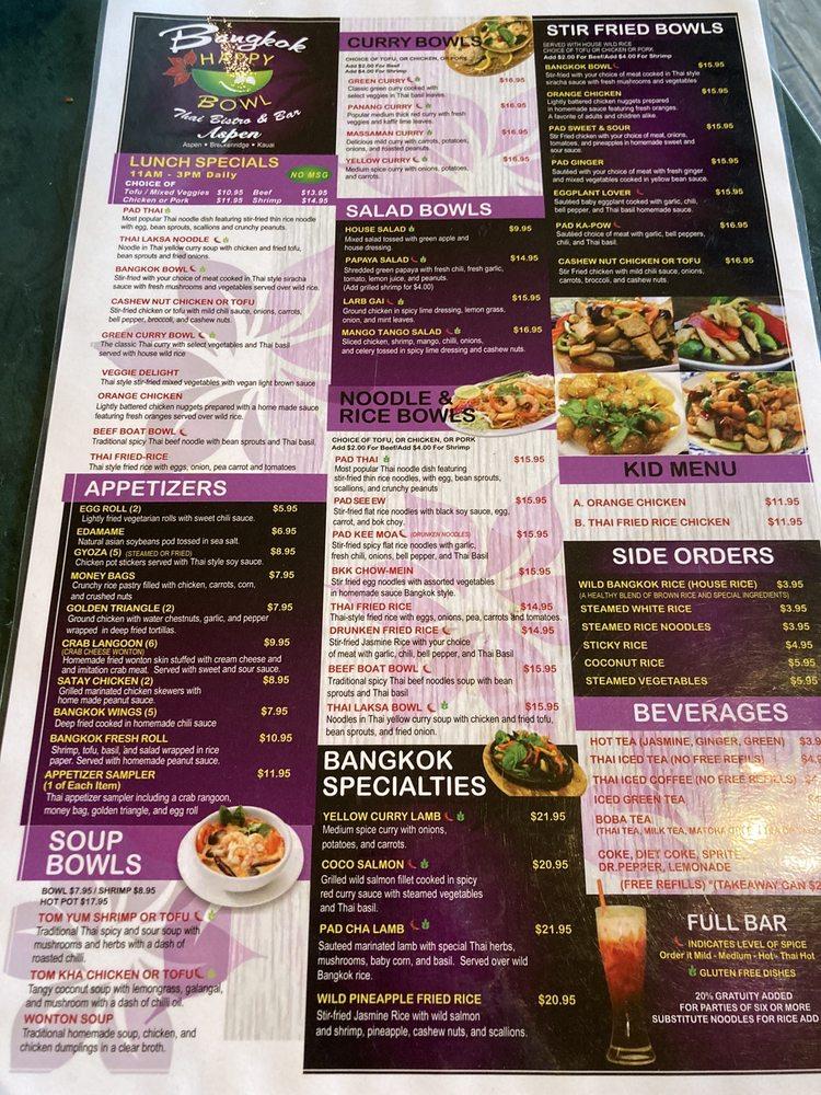 Menu at Bangkok Happy Bowl Thai Bistro and Bar - Aspen, CO, Aspen