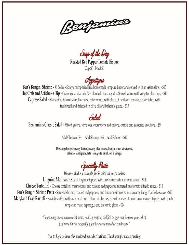Menu at Benjamin's restaurant, Indiana