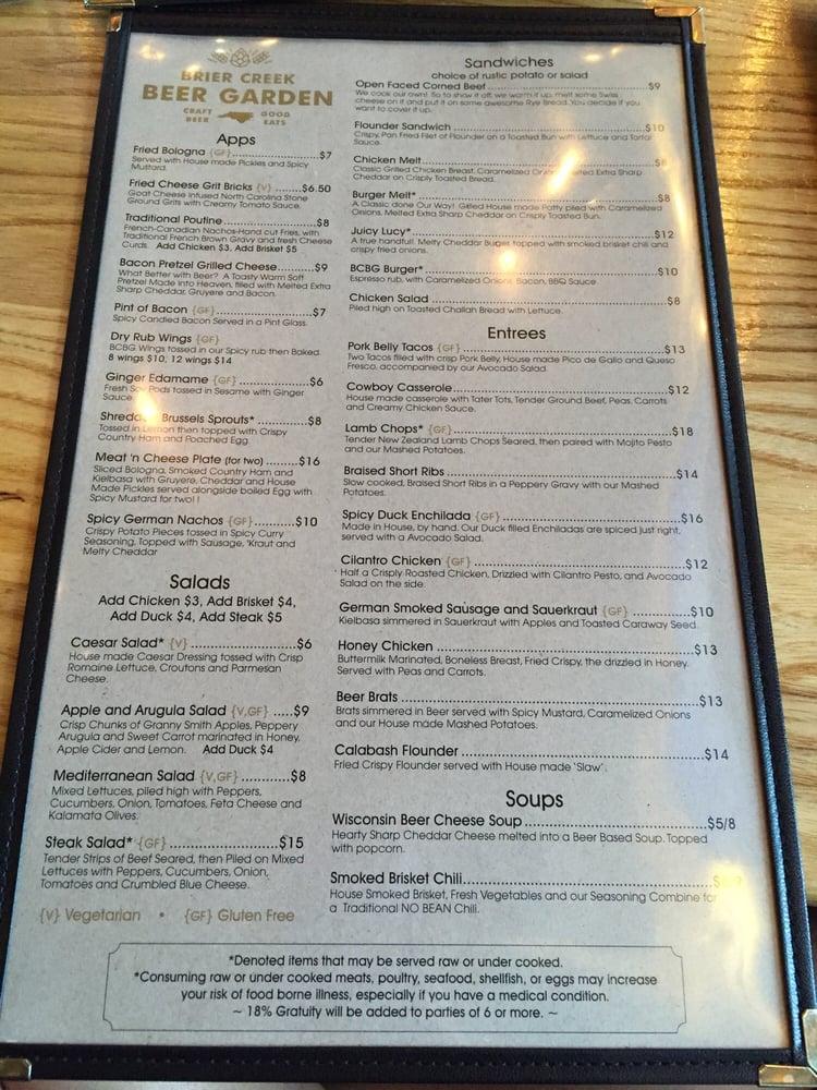 Menu at Brier Creek Beer Garden pub & bar, Raleigh, Brier Creek Pkwy