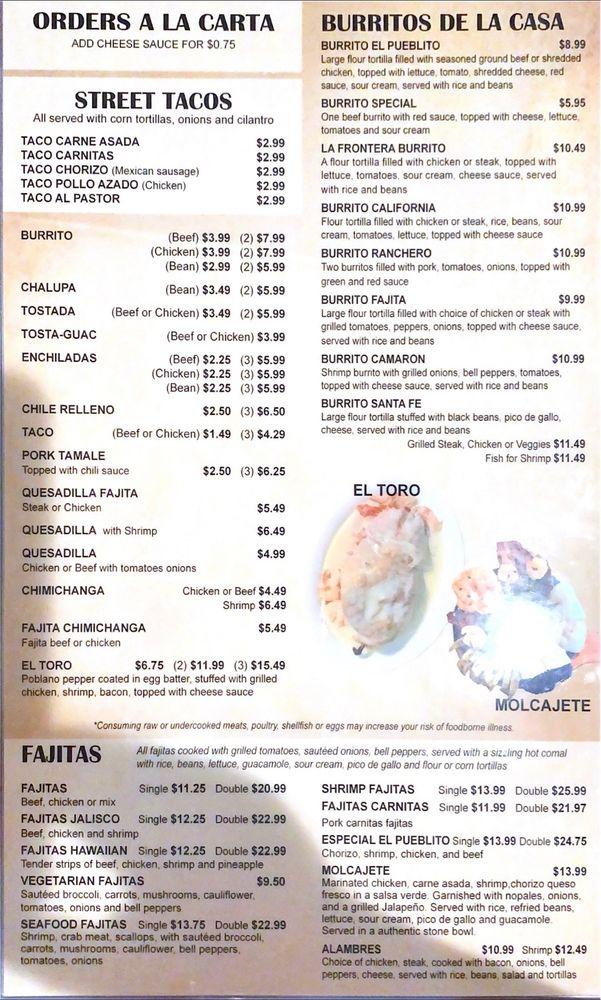Menu at El Pueblito Mexican Restaurant, Centerton
