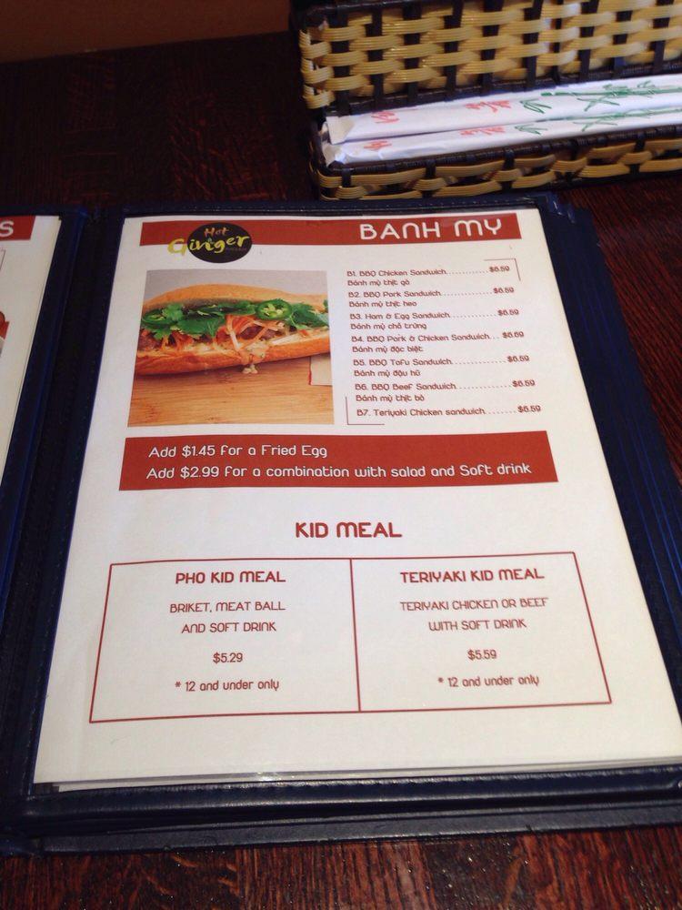 Menu at Hot Ginger Pho restaurant, Lacey