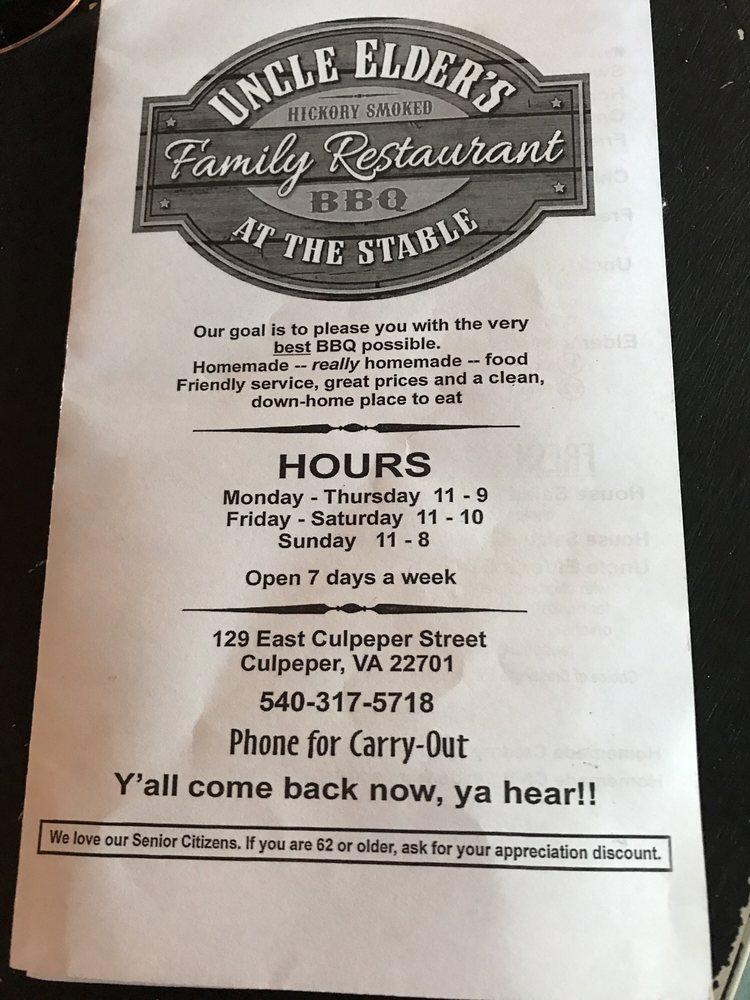 Menu at Uncle Elders Family Restaurant BBQ, Culpeper