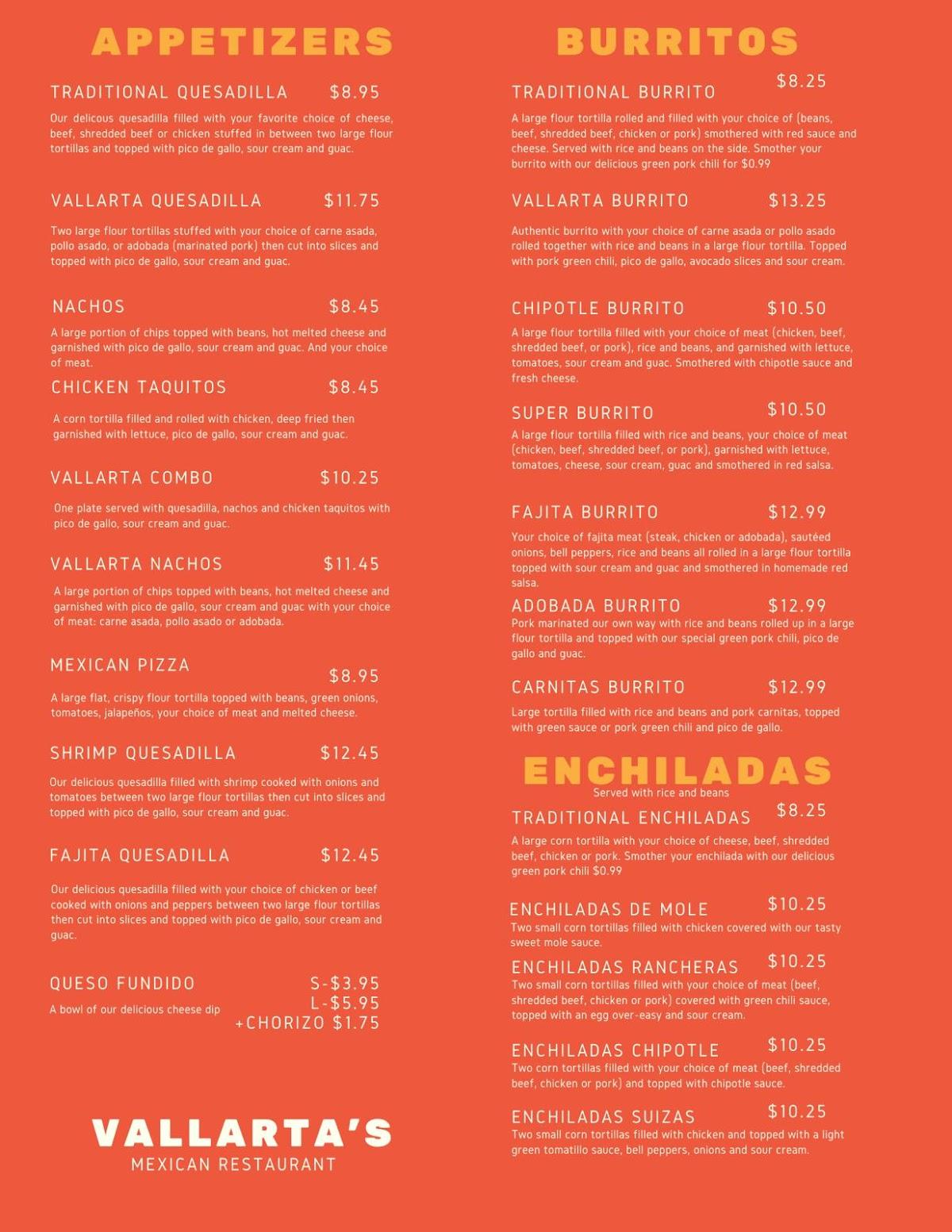 Menu at Vallarta's Mexican Restaurant, Archie