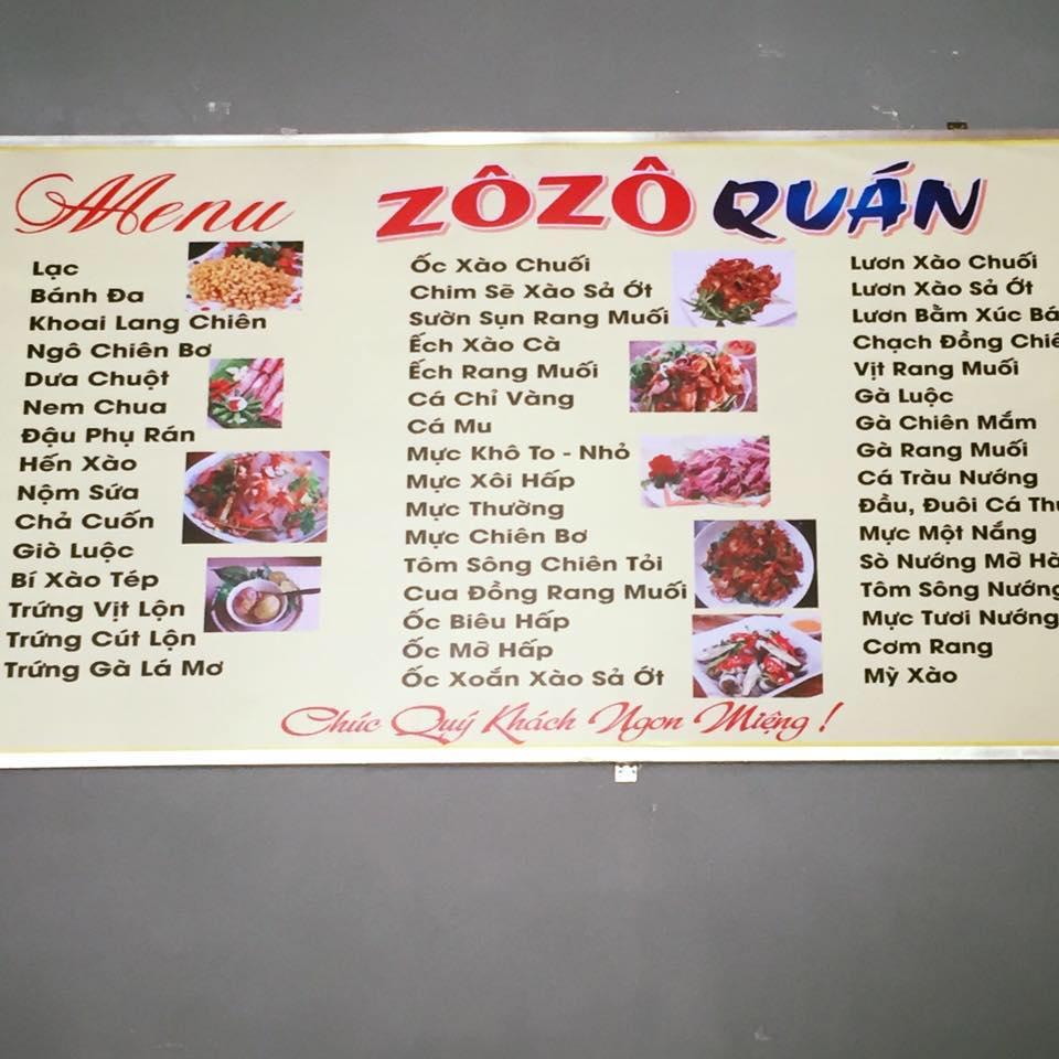 Menu at ZôZô Quán restaurant, Vinh