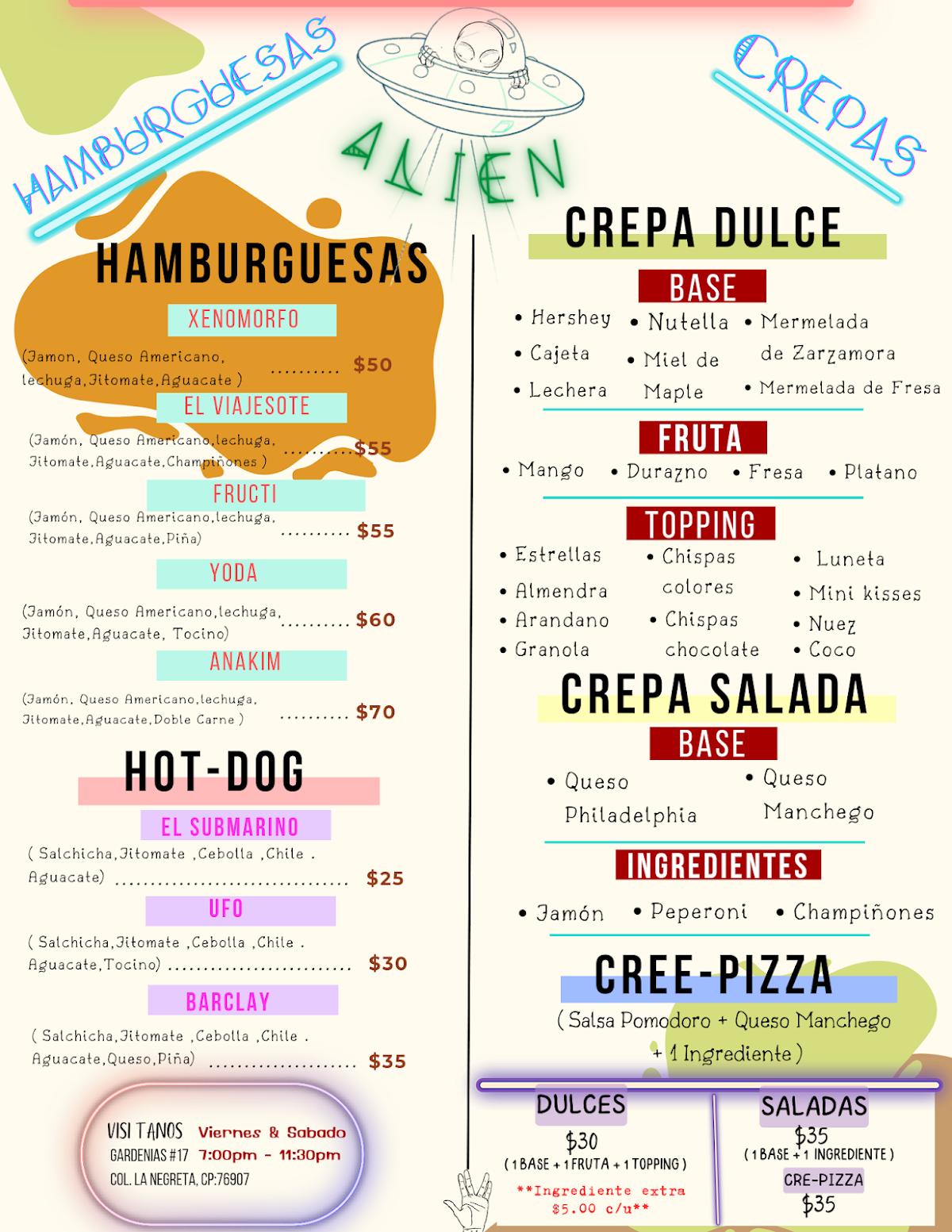 Menu at Alien Crepas & Hamburguesas restaurant, Santiago de Querétaro