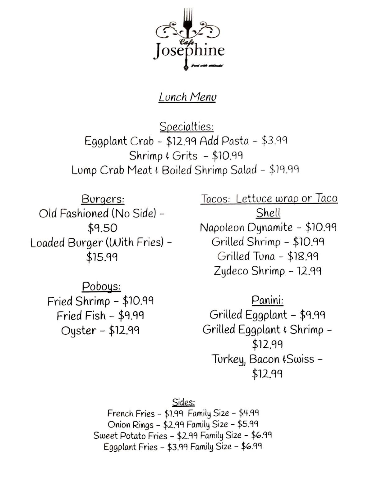 Menu at Cafe Josephine, Sunset