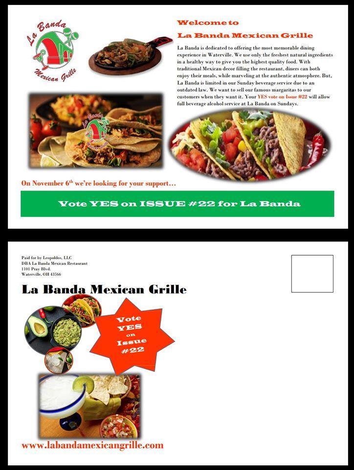 Menu at La Banda Mexican Grill restaurant, Waterville