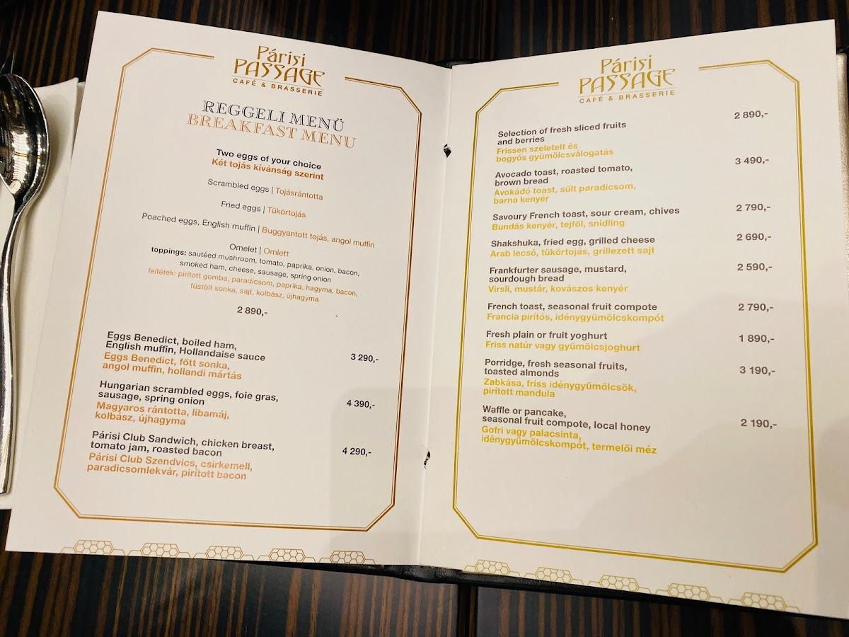 Menu at Párisi Passage Restaurant, Budapest