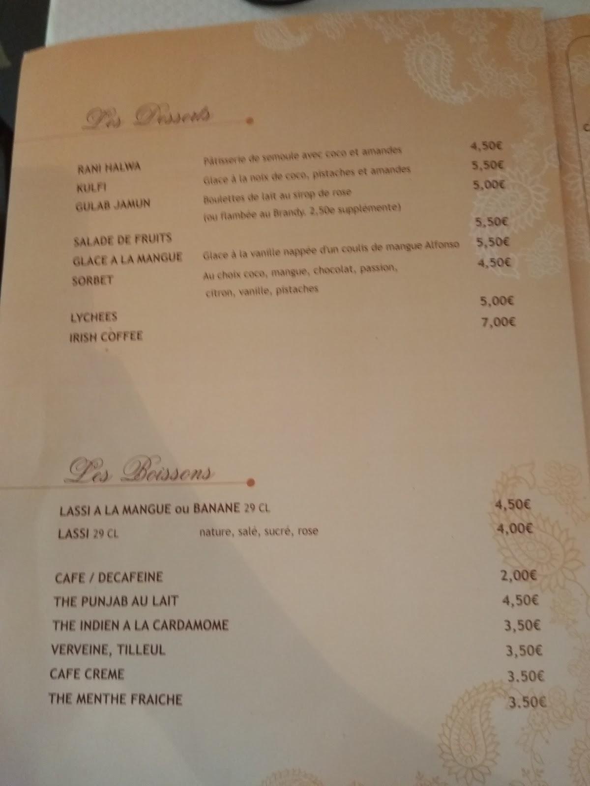 Menu at Rani Mahal restaurant, Paris