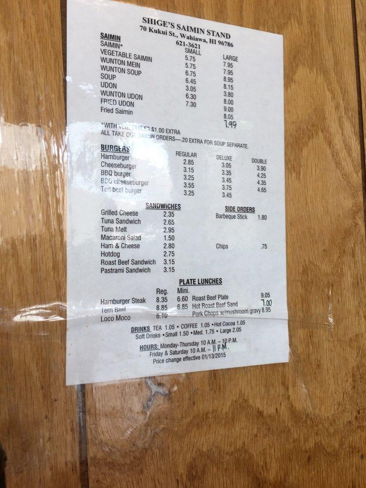 Menu at Shige's Saimin Stand restaurant, Wahiawa