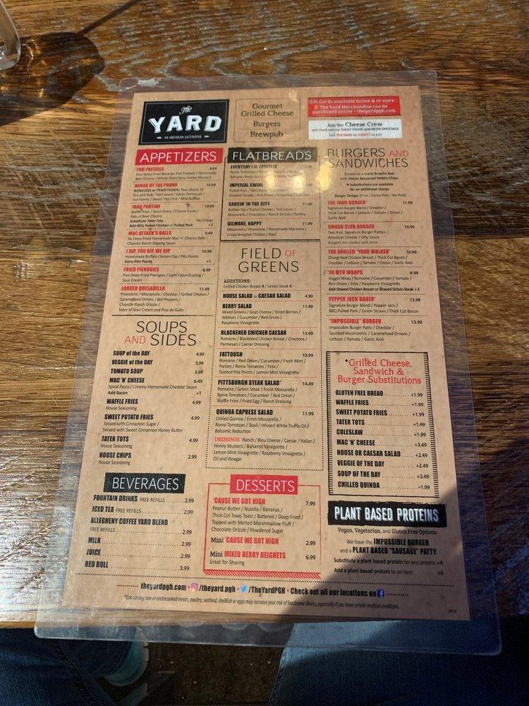 Menu at The Yard pub & bar, Robinson Township