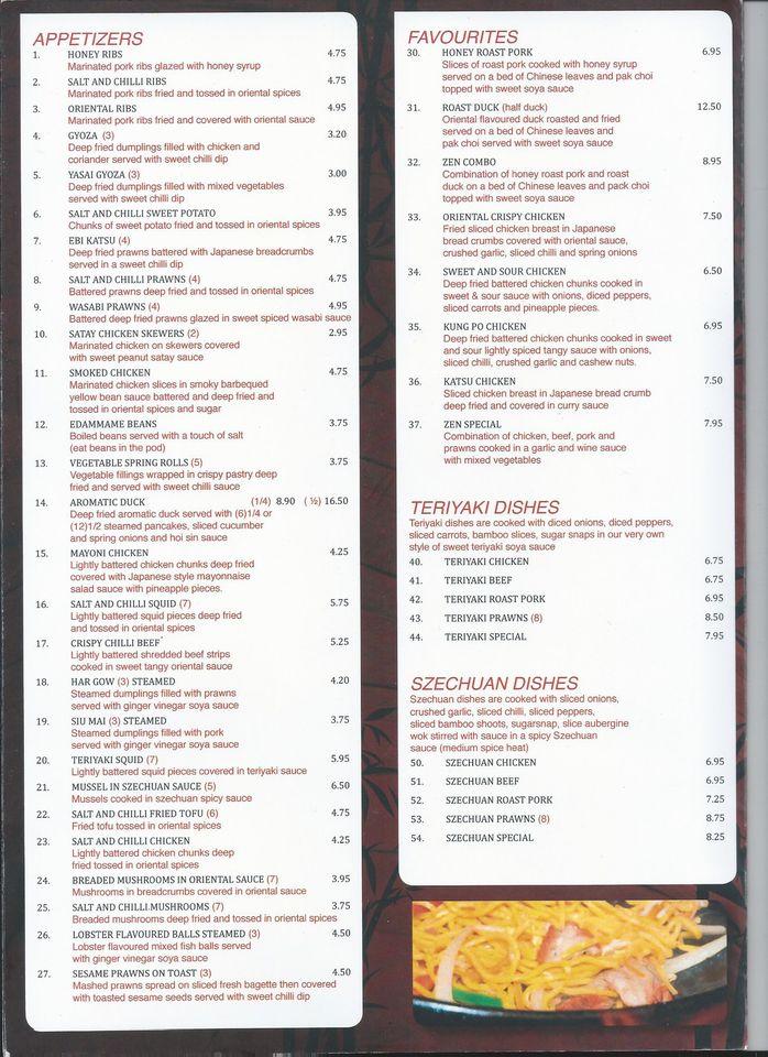 Menu at Zen Kafe restaurant, Folkestone