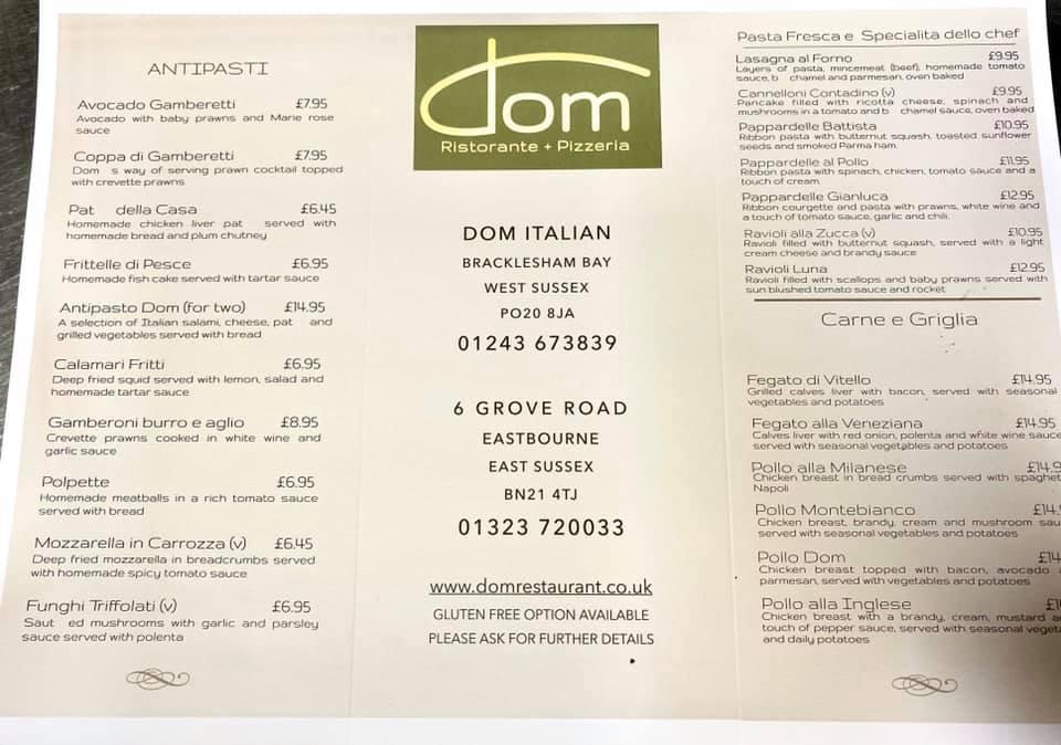 Menu at Dom Italian Pizzeria, East Wittering
