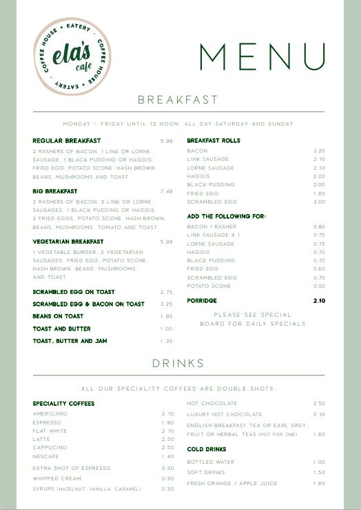 Menu at Ela’s cafe, Glenrothes