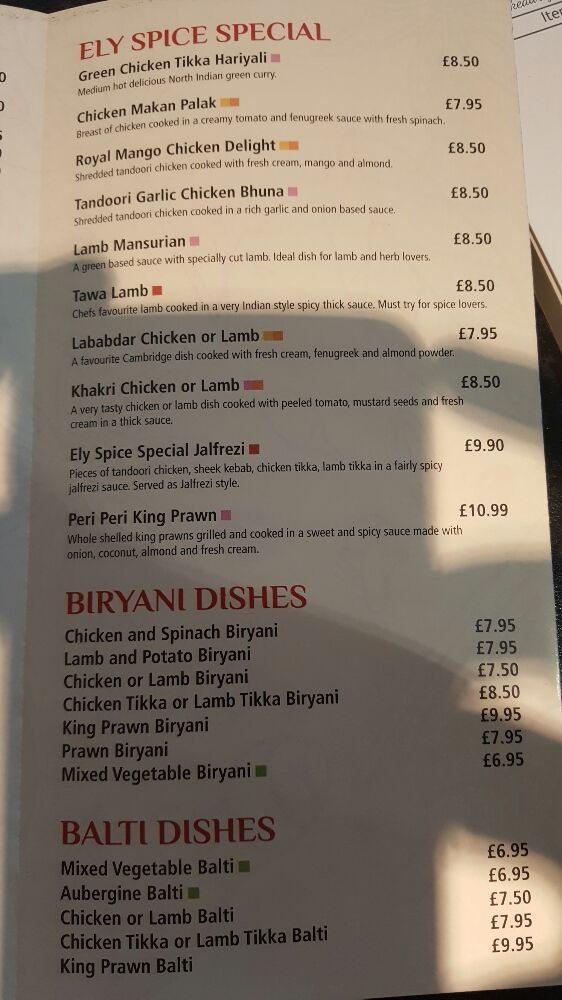 Menu at Ely Spice restaurant, Ely
