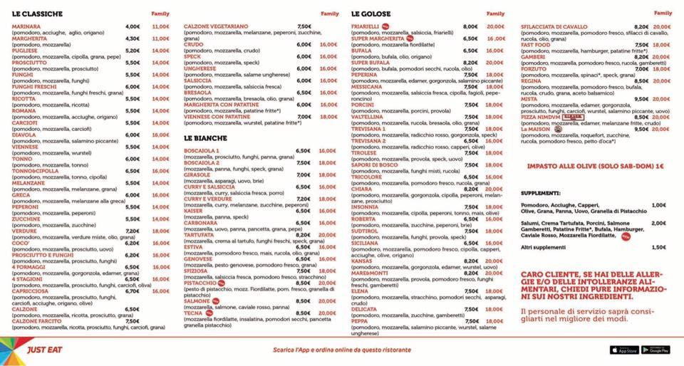 Menu at La Maison della Pizza pizzeria, Trieste