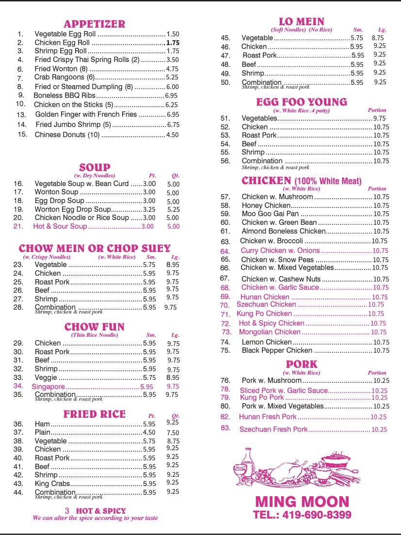 Menu at Ming Moon restaurant, Oregon