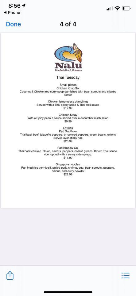 Menu at Nalu restaurant, Rehoboth Beach
