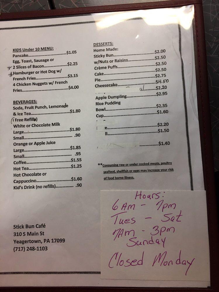 Menu at The Sticky Bun Cafe, Yeagertown, 310 S Main St G