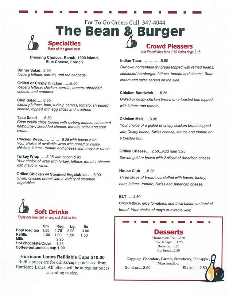 Menu at The Bean & Burger at Hurricane Lanes restaurant, Worland