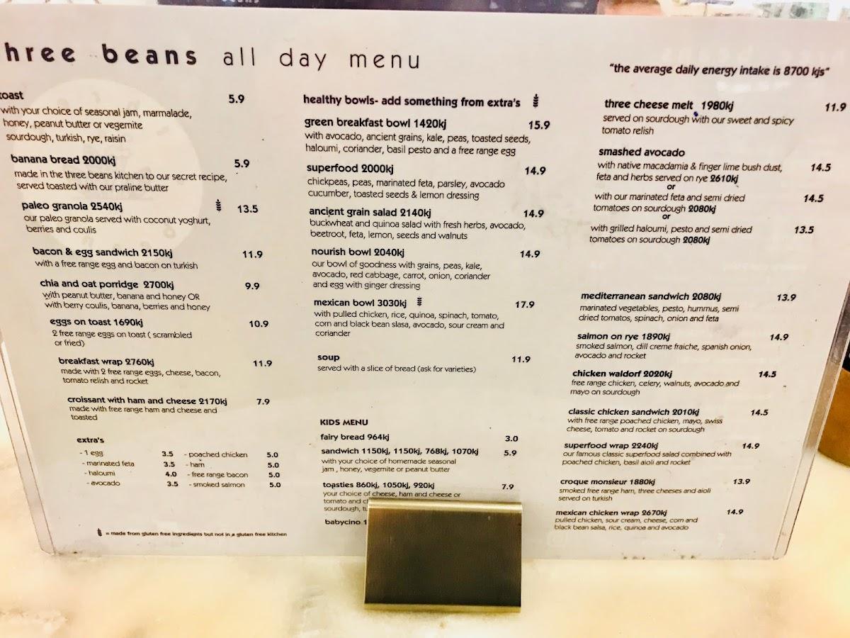 Menu at Three Beans Chatswood Chase restaurant, Chatswood